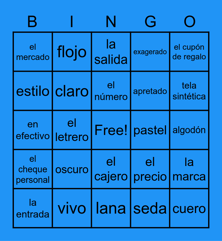 Spanish 2 Realidades 2B vocab Bingo Card