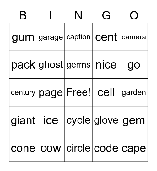 Hard and Soft C & G Bingo Card