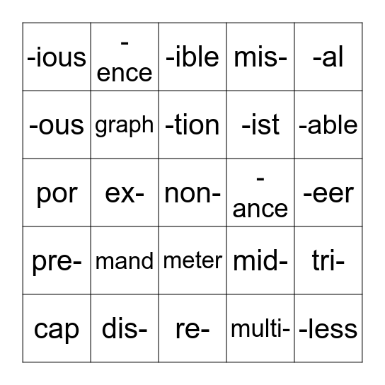SIPPS Challenge A Lesson 25 Bingo Card