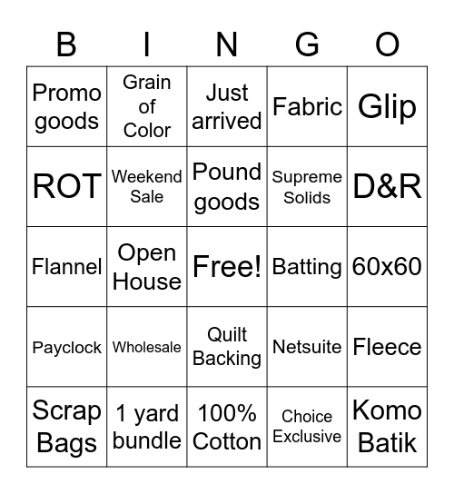 Choice Fabrics Holiday Bingo! Bingo Card