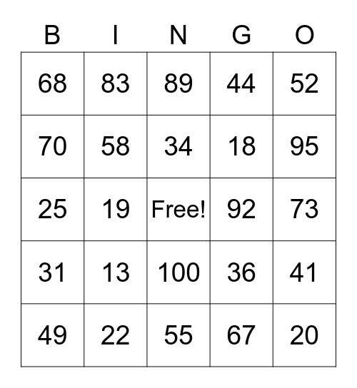 BINGO 1-100 Bingo Card