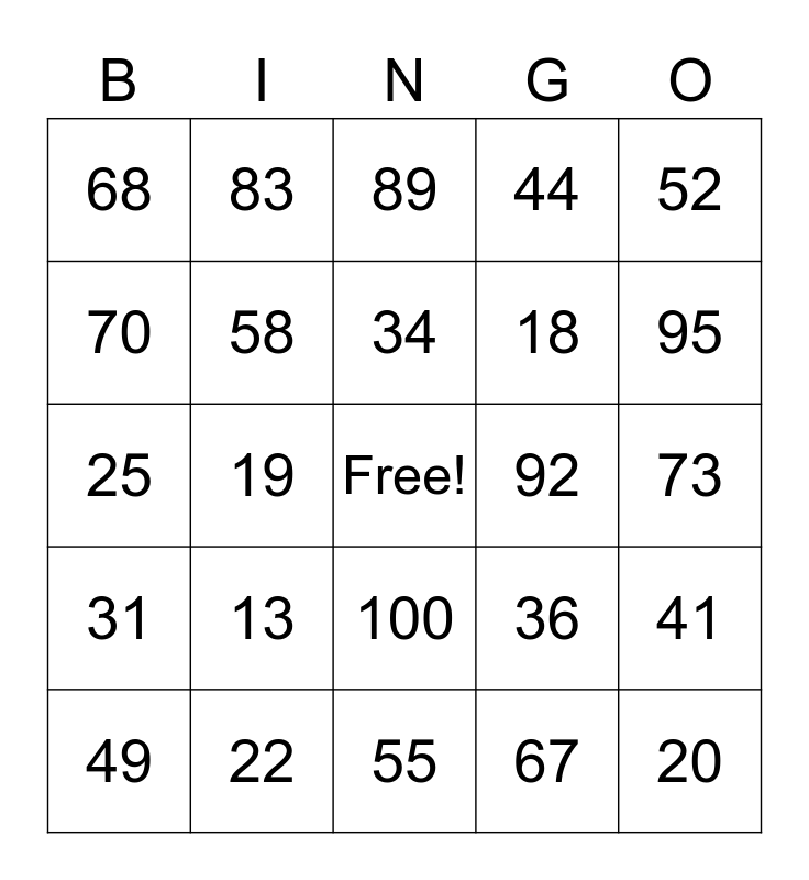 BINGO 1-100 Bingo Card