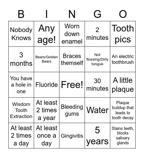 Dental Health Bingo Card