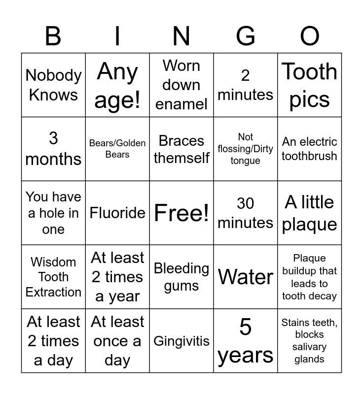 Dental Health Bingo Card