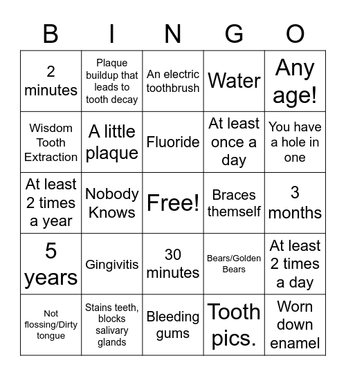 Dental Health Bingo Card