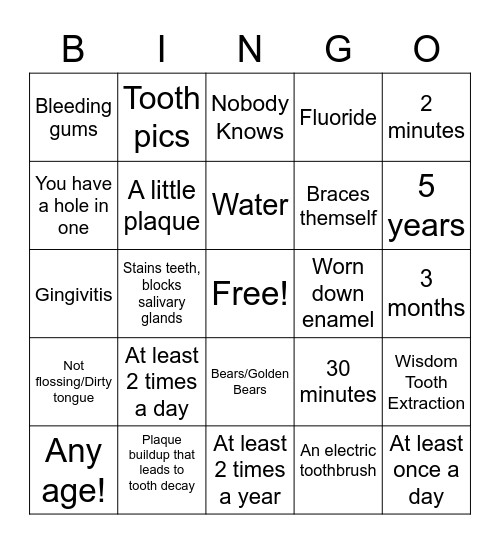 Dental Health Bingo Card