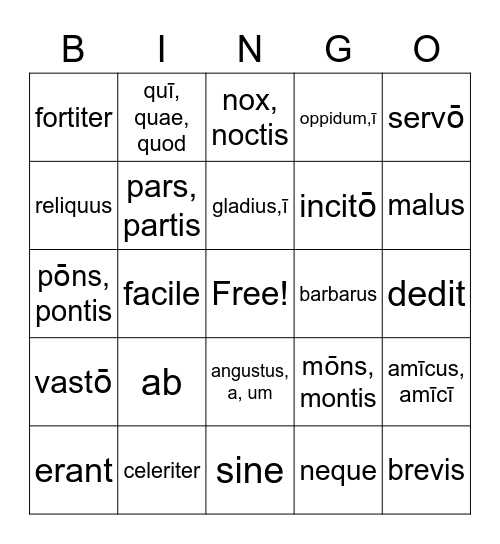 Henle Latin Fall Blue Book Bingo Card