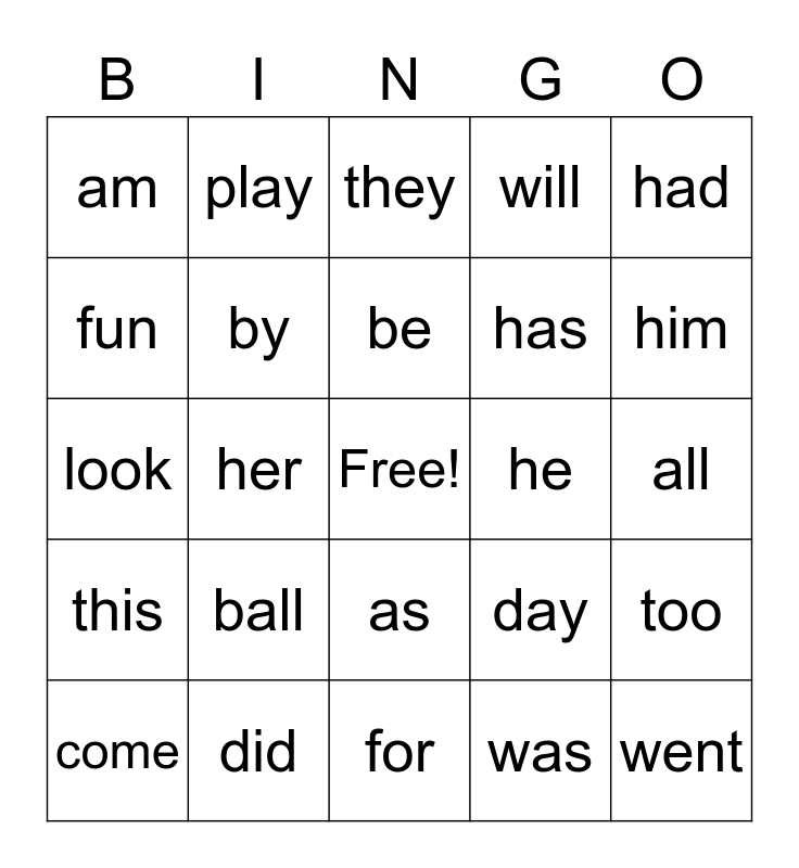 Snappy Word Bingo Card