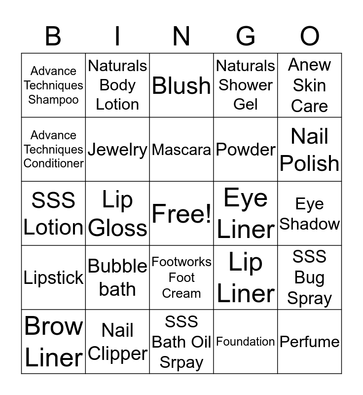 Avon Bingo Card