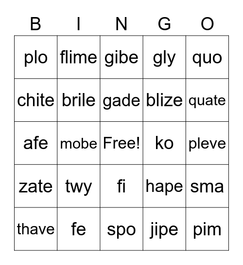 Nonsense Word Syllable Bingo Card