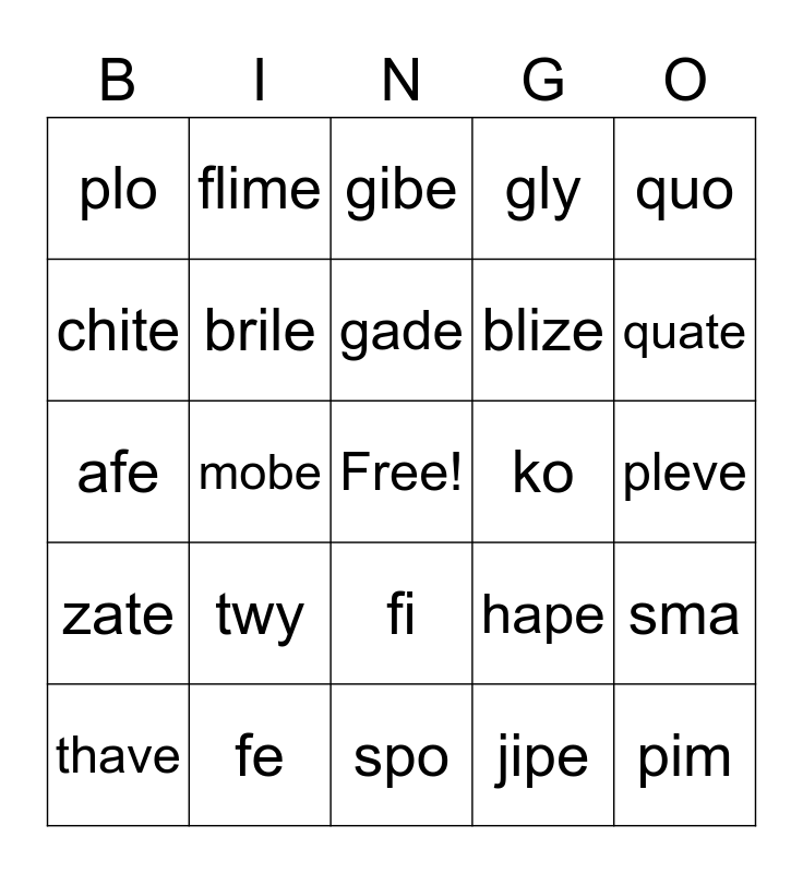 Nonsense Word Syllable Bingo Card