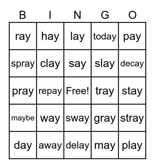 Word Part: ay BINGO Card