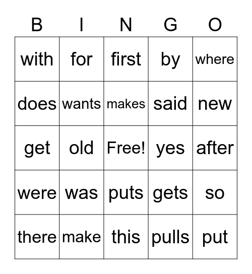 1st Grade Sight Words Weeks 1-6 Bingo Card
