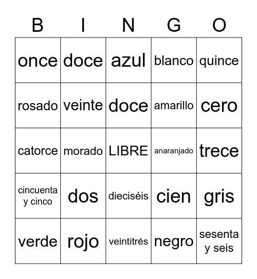 Colores & Números Bingo Card