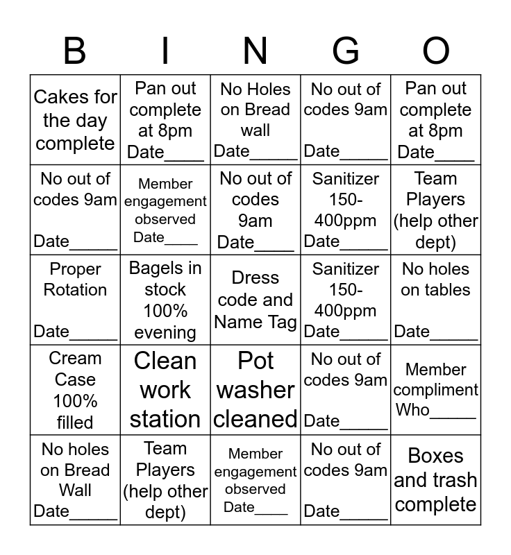 Bakery Bingo W/E___________ Bingo Card