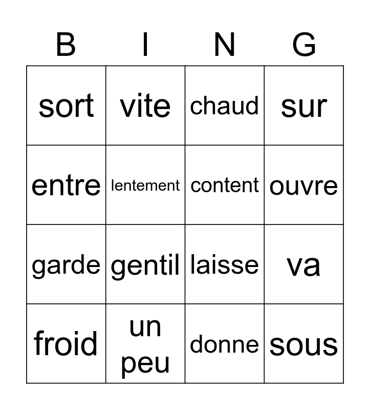 Les Contraires (side 2) Bingo Card