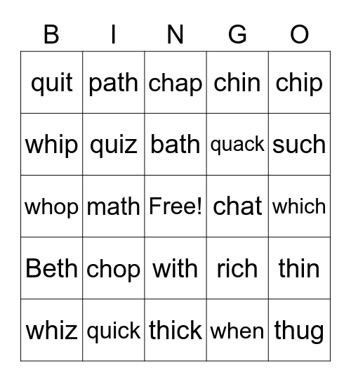 ch, th, qu wh Bingo Card