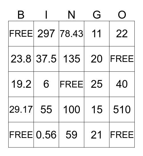 Proportion Bingo Card