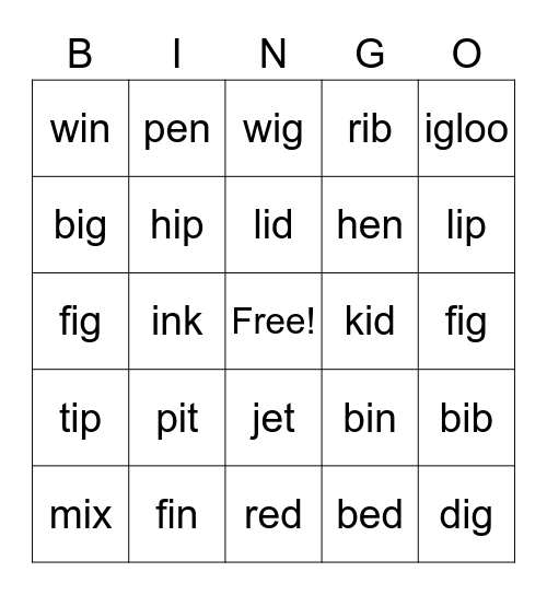 Short Vowel I BINGO Card