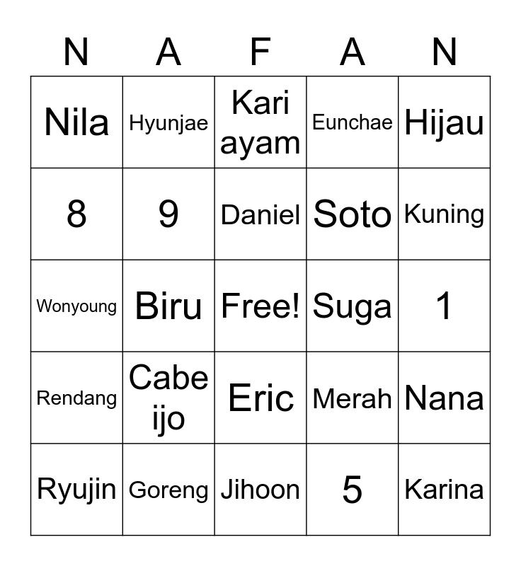 Nafan Bingo Card