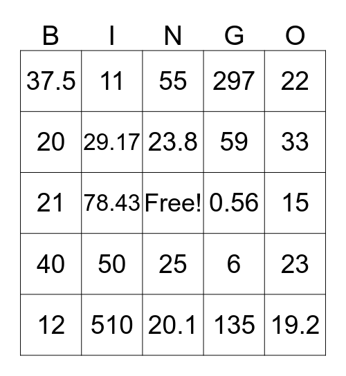 Proportion Bingo Card