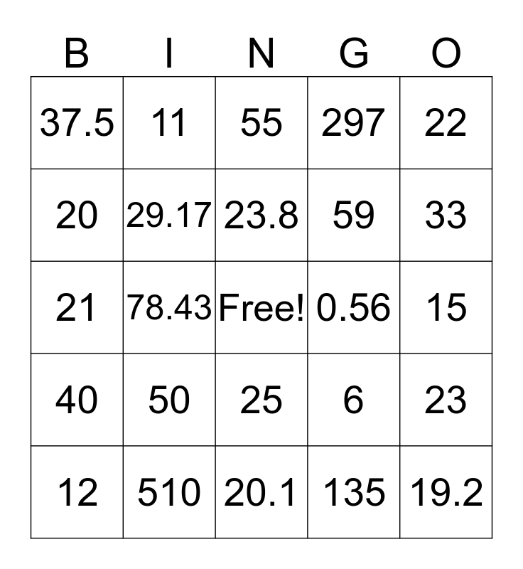 Proportion Bingo Card