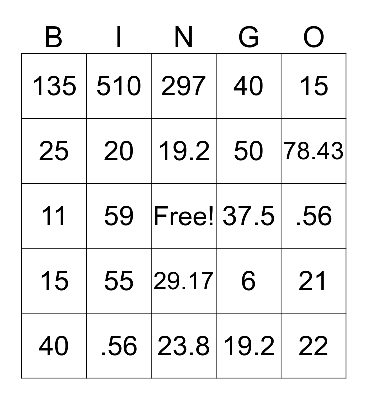 Proportions Bingo Card