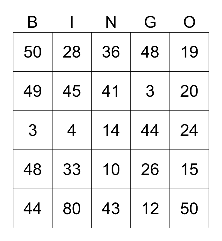 1-50 Bingo Card