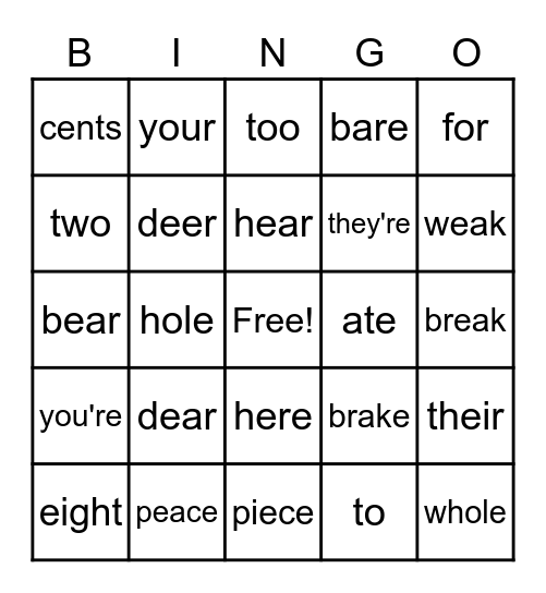 Homophones Bingo Card