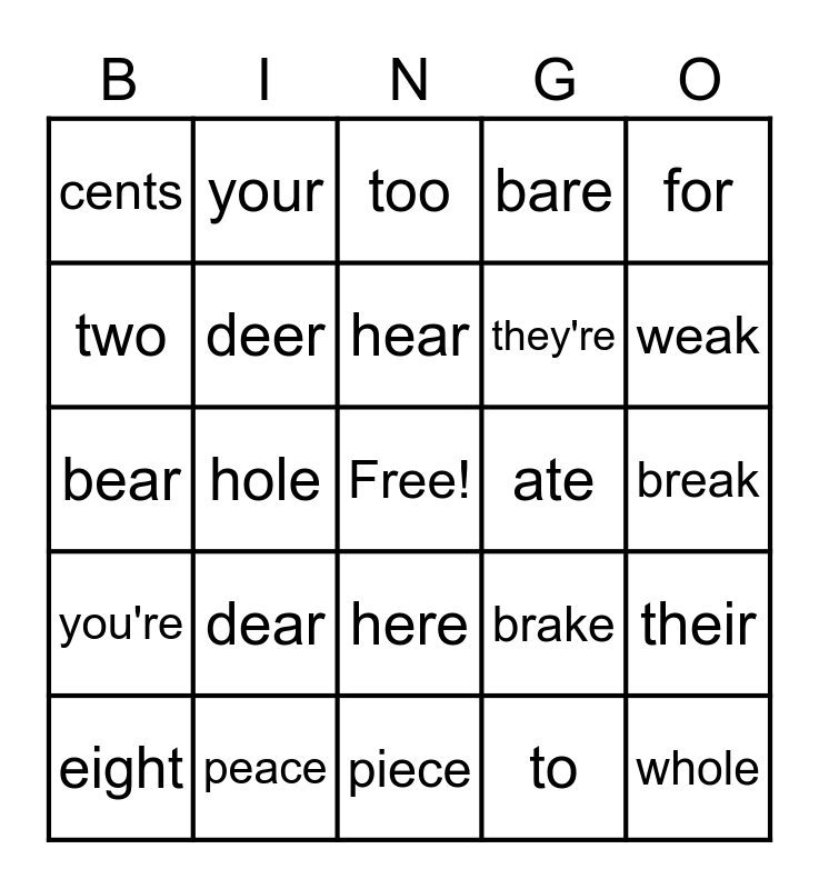 Homophones Bingo Card