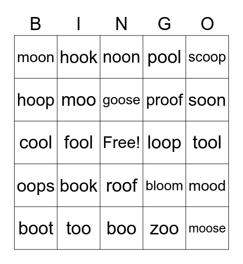 oo words Bingo Card
