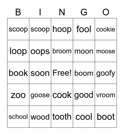 oo words Bingo Card