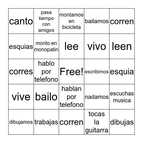 Regular verb bingo Card