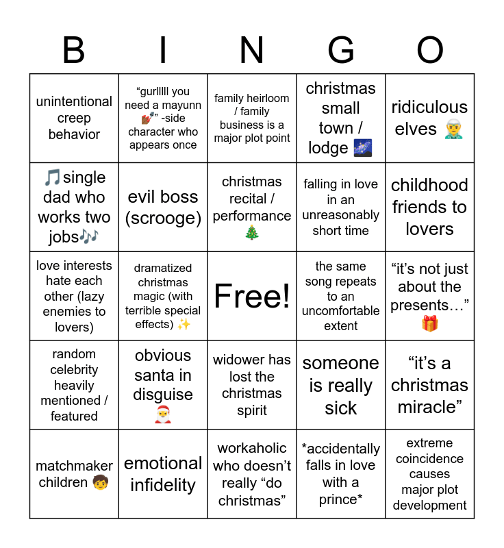 Hallmark Movie Bingo Card