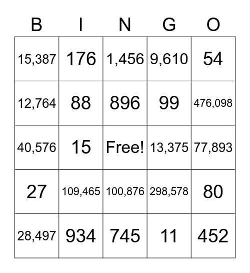 Large Numbers BINGO Card