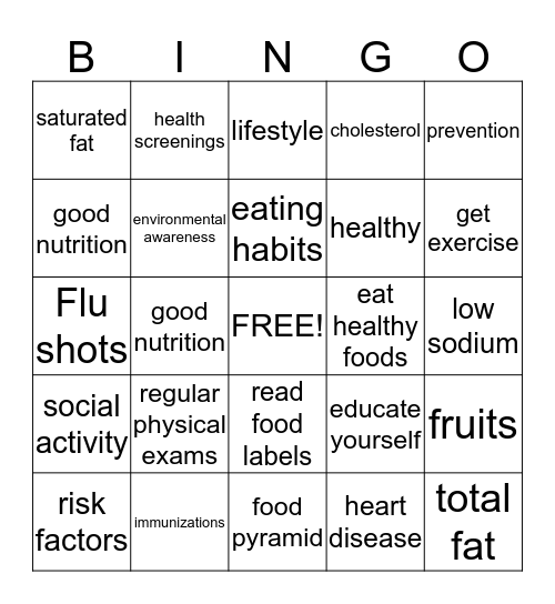 Healthy Living Bingo Card