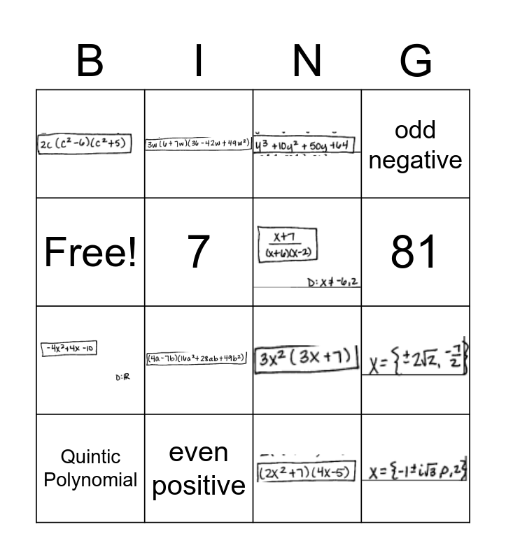 Alg 2 Polynomial Functions Bingo Card