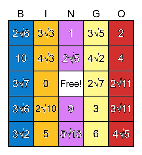 Simplifying Radicals Bingo Card