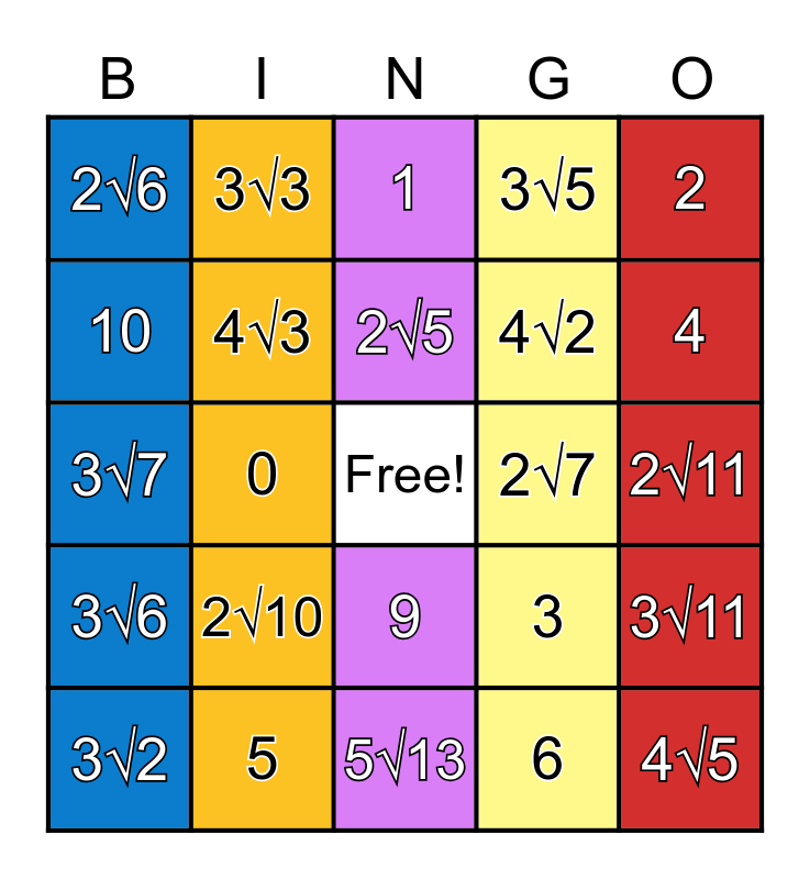 Simplifying Radicals Bingo Card