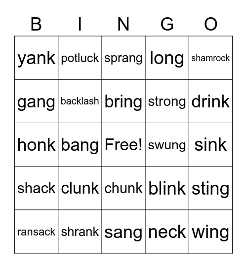 -ck, -ng, -nk Bingo Card