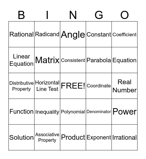 Algebra Bingo Card