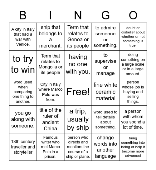Marco Polo Bingo Card Marco Polo Bingo Card
