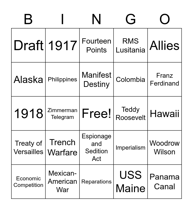 Imperialism & WWI Bingo Card