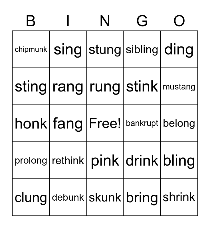 -nk, -ng Words Bingo Card