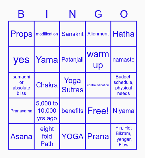 Yoga Bingo - YINGO! Bingo Card
