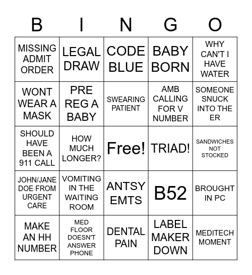 ER REGISTRATION BINGO Card