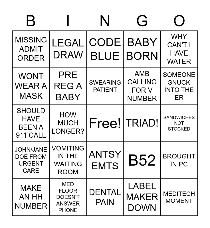 ER REGISTRATION BINGO Card