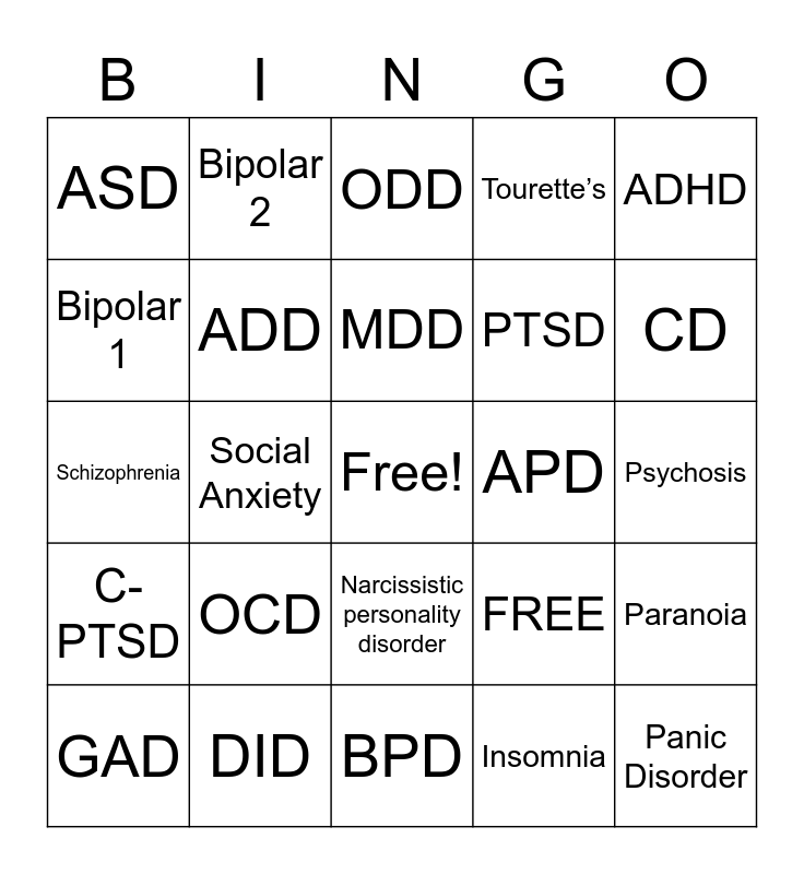 Mental Illnesses/Disorders:) Bingo Card
