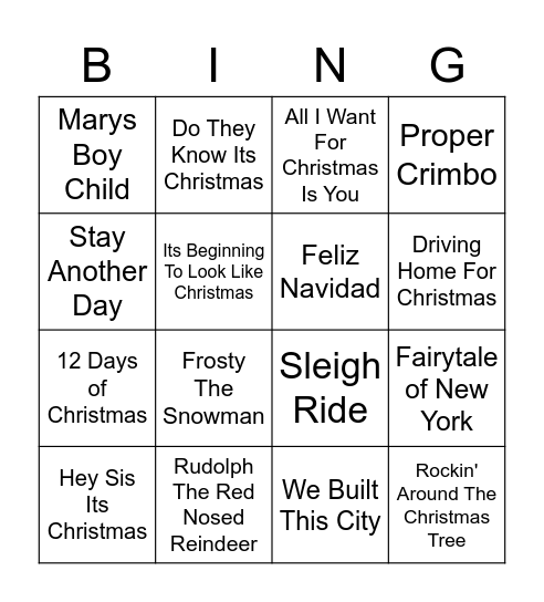 CHRISTMAS SONG BINGO Card
