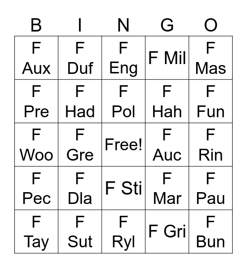 Fiction Call Numbers Bingo Card